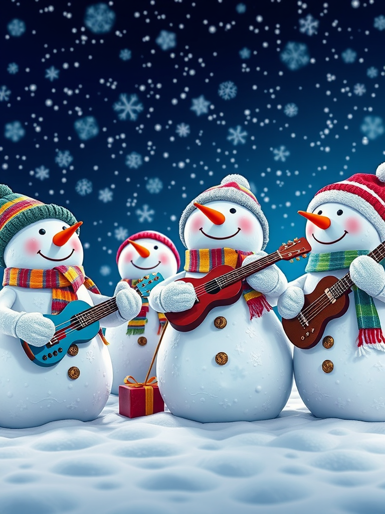 A festive winter scene featuring four cheerful snowmen playing musical ...