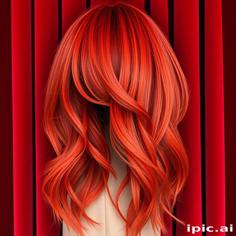 Vibrant Long Red Hair Wig Displayed Against a Bold Red Backdrop