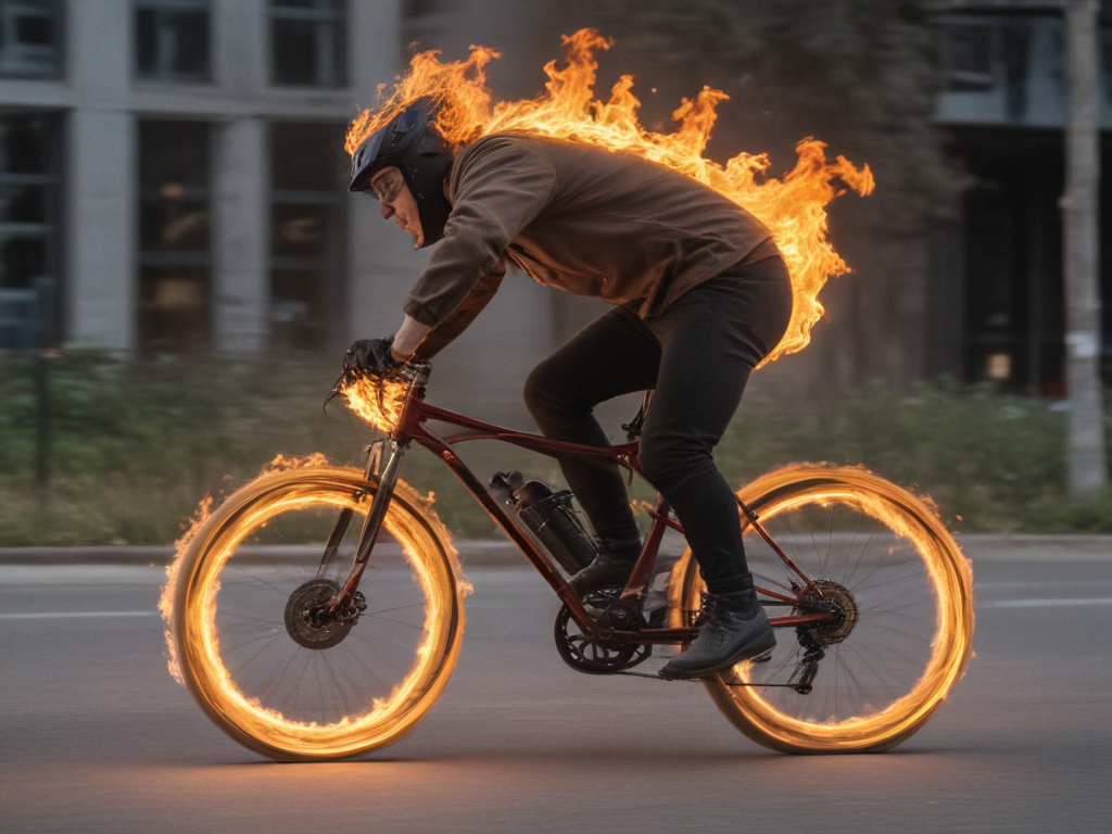 A person riding a fast bicycle and the wheels are on fire.