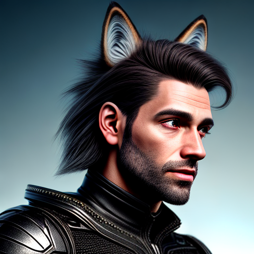 Realistic human man with wolf ears in his hair And it's flying in space
