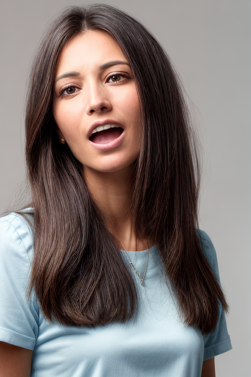 woman in her thirties, straight hair, looking up, opening her mouth ...