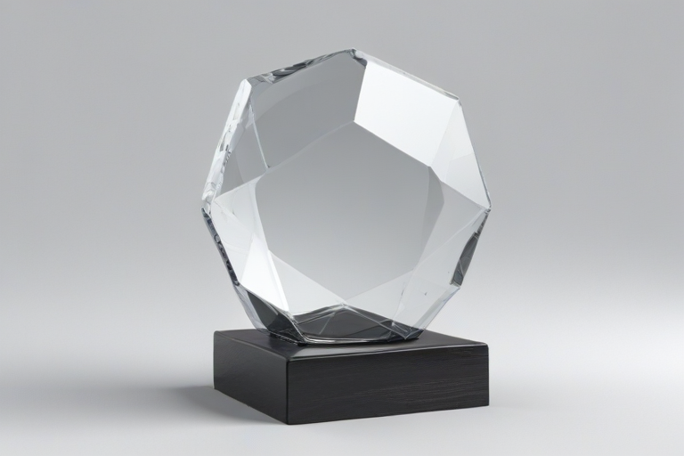 Elegant Crystal Award Displayed on a Stylish Black Wooden Base