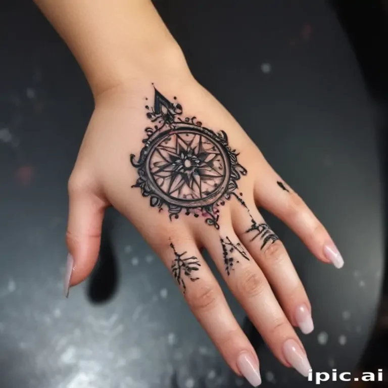 Intricate Black Compass Tattoo Design Adorning a Hand with Elegant Details