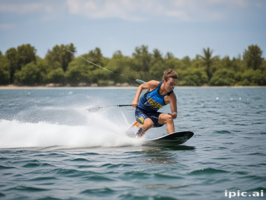 Young Athlete Skillfully Riding a Wakeboard on Calm Water Surface
