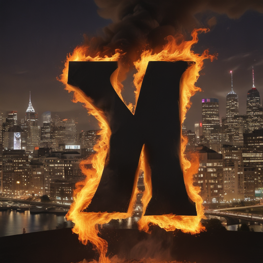 The letter K on fire with the city on fire in the background