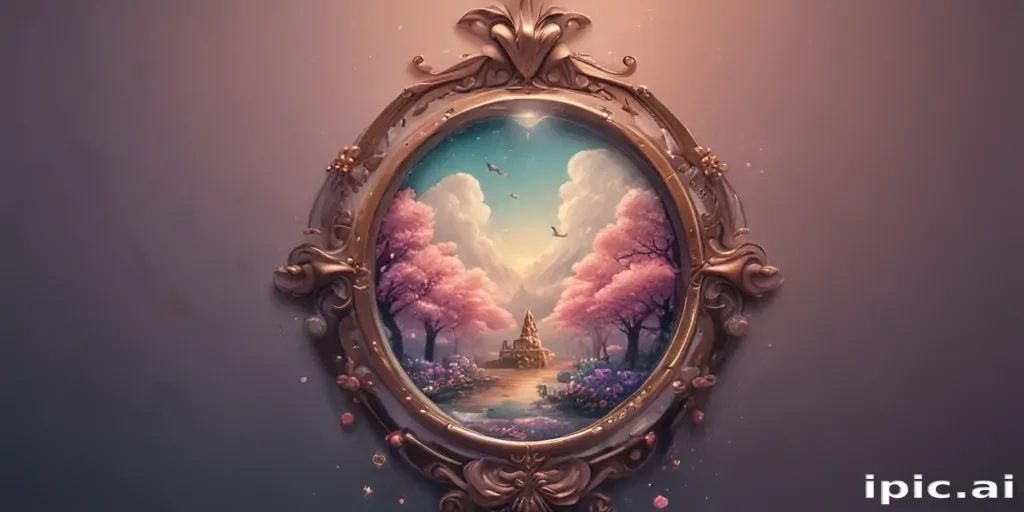 A Dreamy Landscape Reflected in an Ornate Golden Mirror Frame