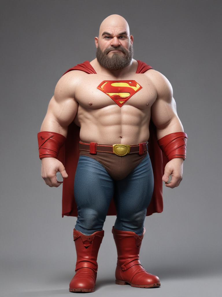 Realistic, short dwarf chubby bald guy, realistic superman, red boots ...