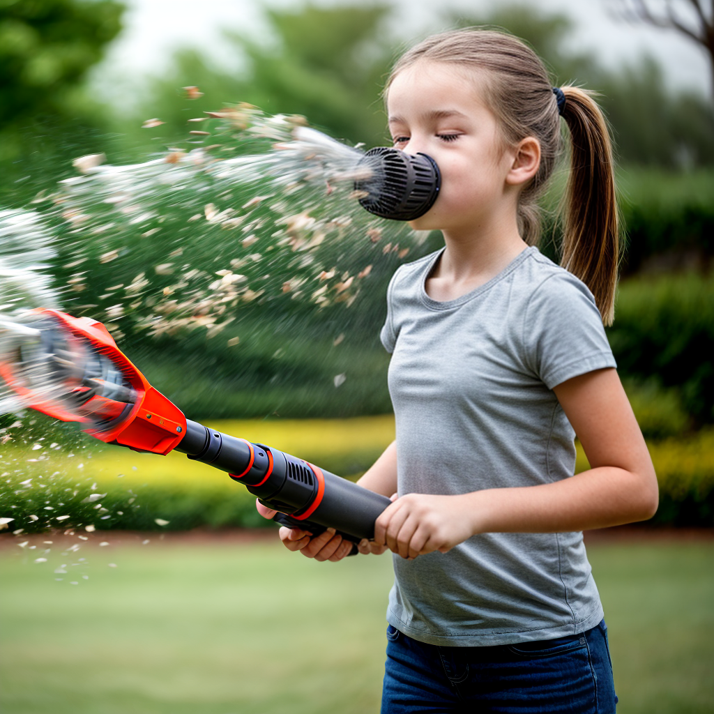 girl blowing leaf blower at her face