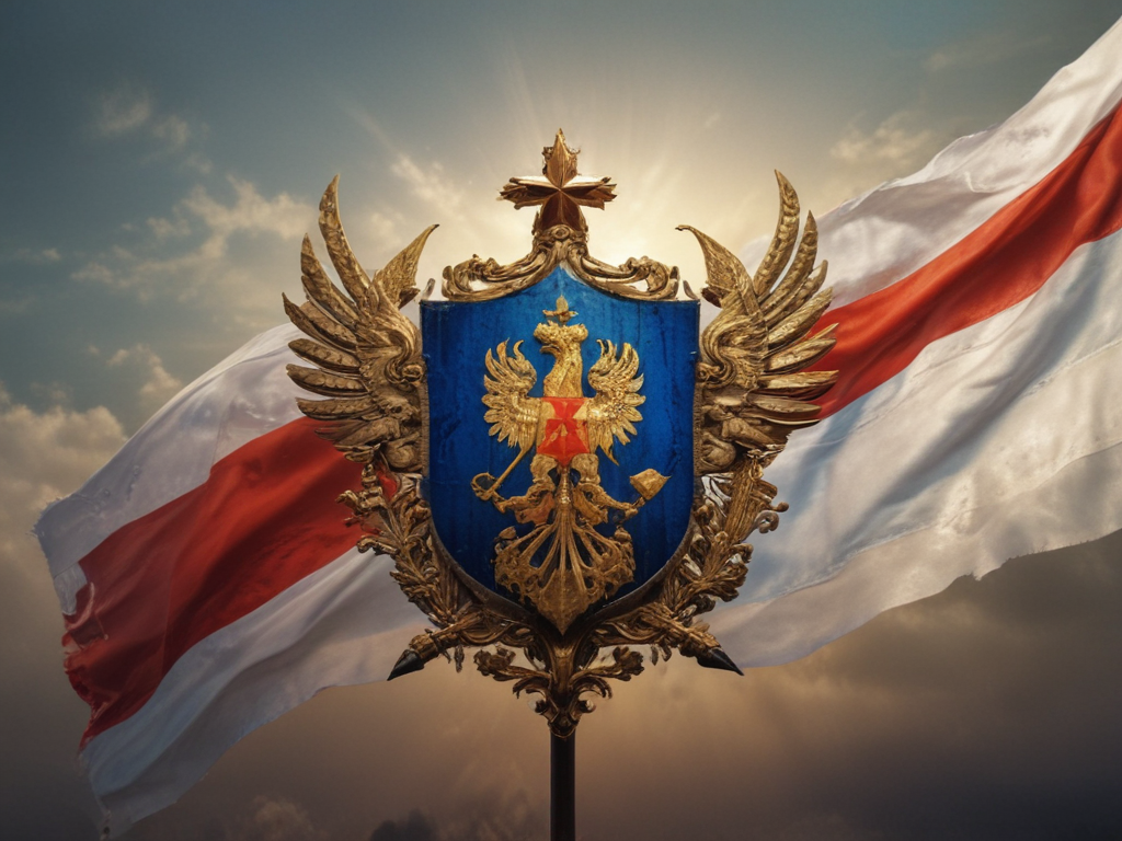 Symbolic Representation of National Identity with Flags and Emblem Display
