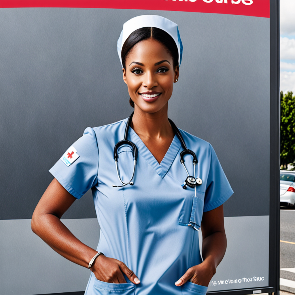 A Nurse in a Beyond Care Scrubs Ad printed on a billboard
