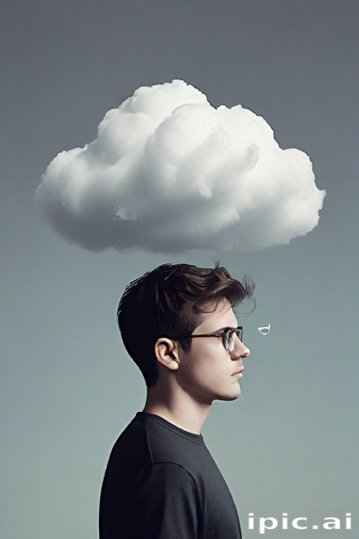 Contemplating Thoughts: A Young Man with a Cloud of Ideas Above