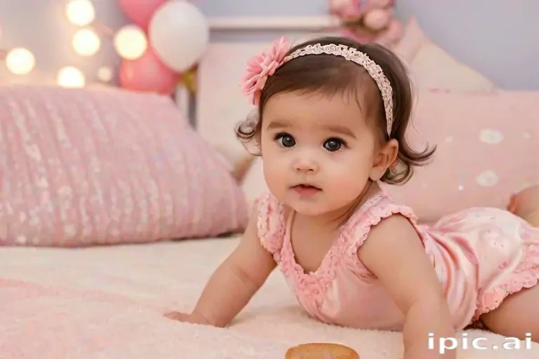 Adorable Baby Girl in Pink Outfit Crawling on Soft Blanket Surrounded ...