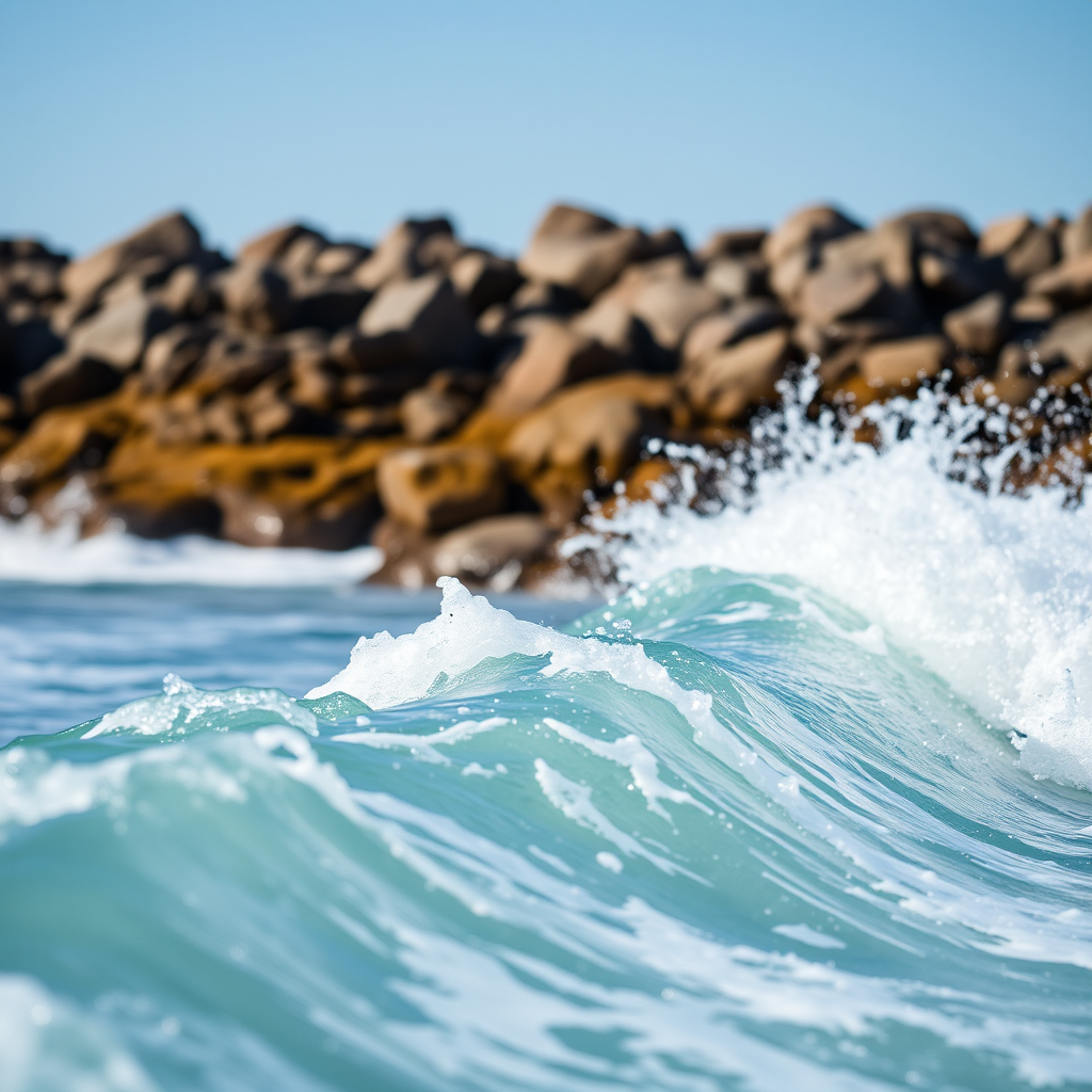 Capture a high-resolution image of waves crashing against a rocky shore ...