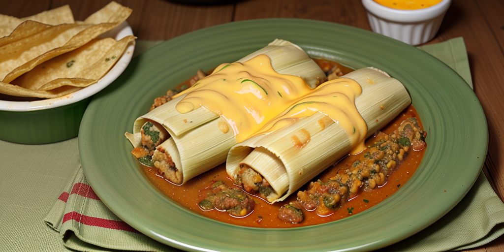 Deliciously Stuffed Tamales with Cheesy Sauce and Crispy Tortilla Chips.