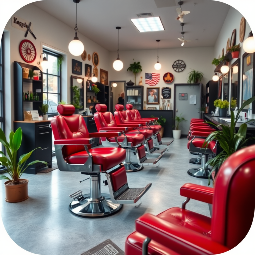 A Stylish Barber Shop Interior Featuring Red Chairs and Modern Decor