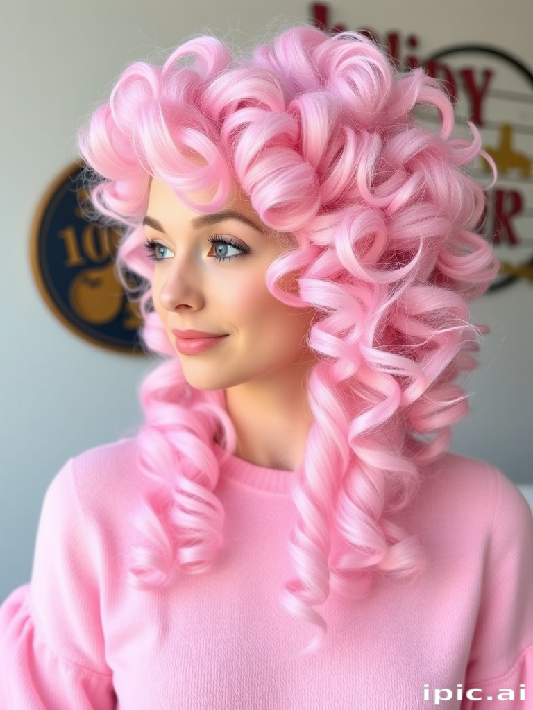 Stylish Young Woman with Playful Pink Curly Hair and Bright Smile