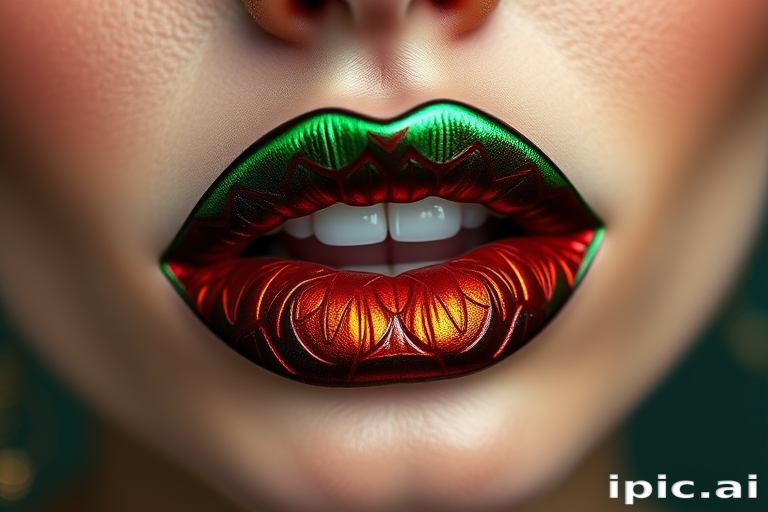 Vibrant Holiday-Inspired Lip Art Featuring Rich Red and Green Floral ...