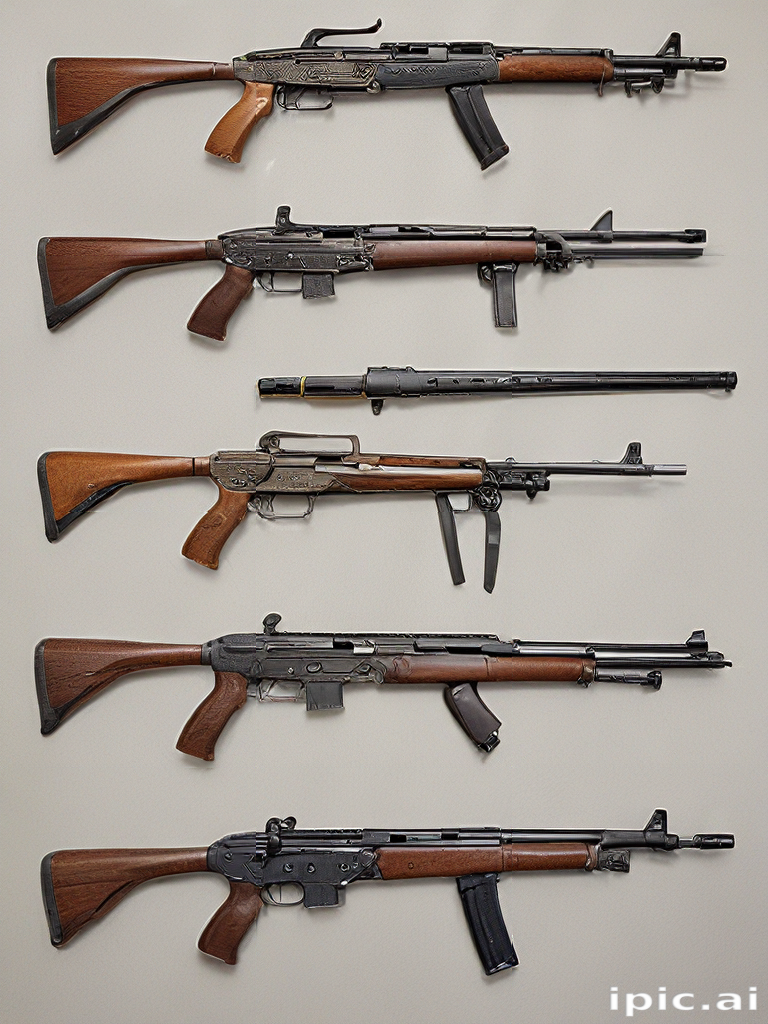 Collection of Various Firearms Displayed in a Horizontal Arrangement ...