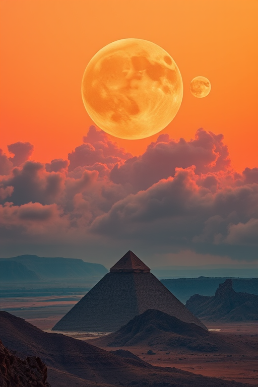 A Majestic Sunset Over the Great Pyramid with Enormous Moons Above