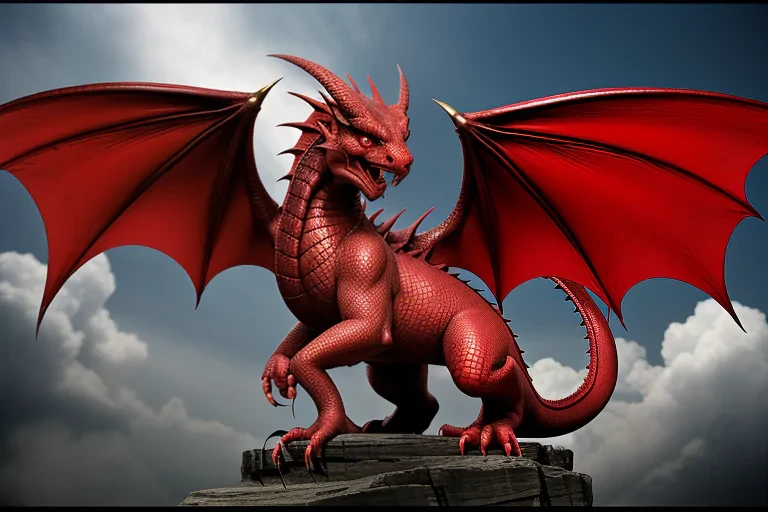 Majestic Red Dragon Spreading Its Wings Against a Dramatic Cloudy Sky