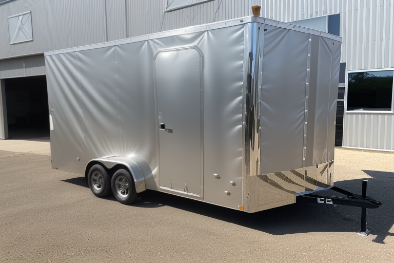 Shiny Silver Trailer with Double Axles Parked in Front of Building