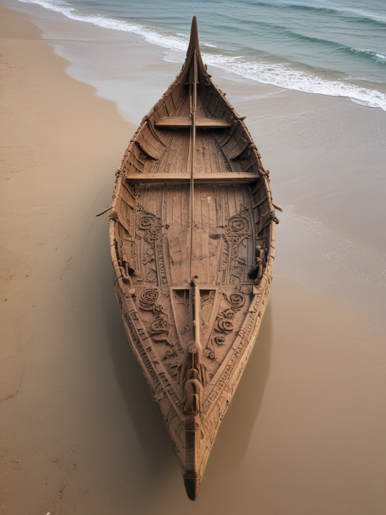 Viking longship, its hull crafted from dark, weathered wood, adorned ...