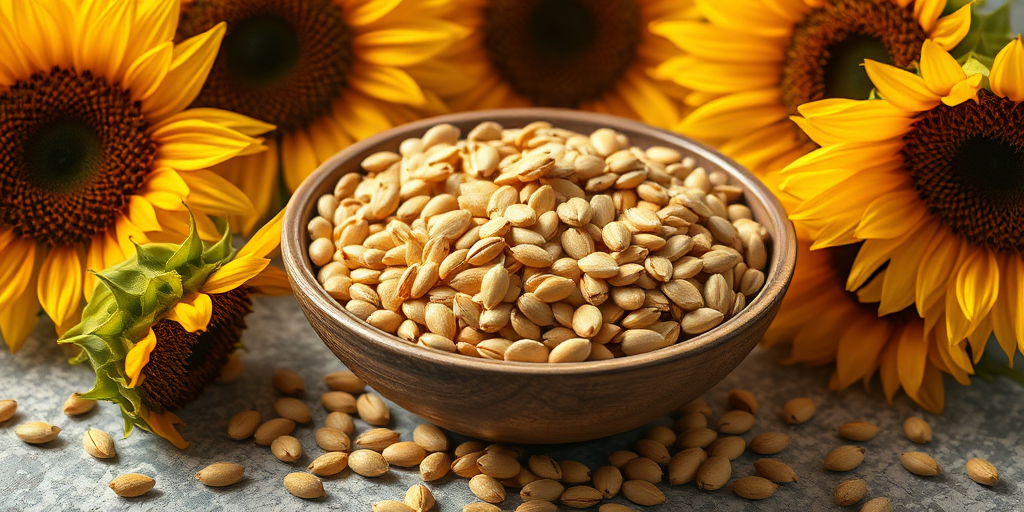 Sunflower Seeds in a Bowl Surrounded by Bright Sunflower Blooms