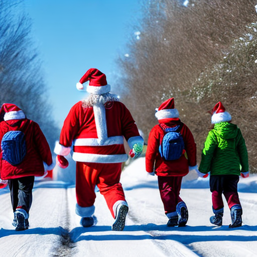 santa doing exercise with with elves and reindeer in north pole