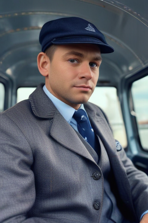 bus driver in a dark blue peaked cap, jacket and tie, sky blue shirt ...