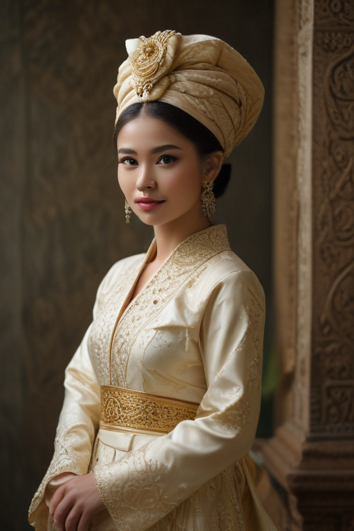 Elegant Woman in Traditional Golden Attire with Intricate Headpiece and ...
