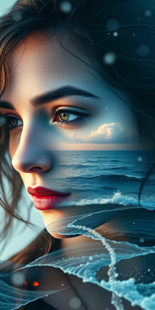 Dreamy Portrait Blending Ocean Waves with a Woman's Serene Expression