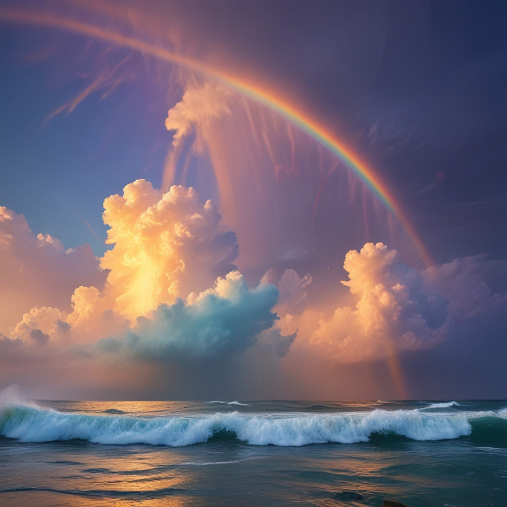A Breathtaking Scene of Waves and a Vibrant Rainbow Overhead.