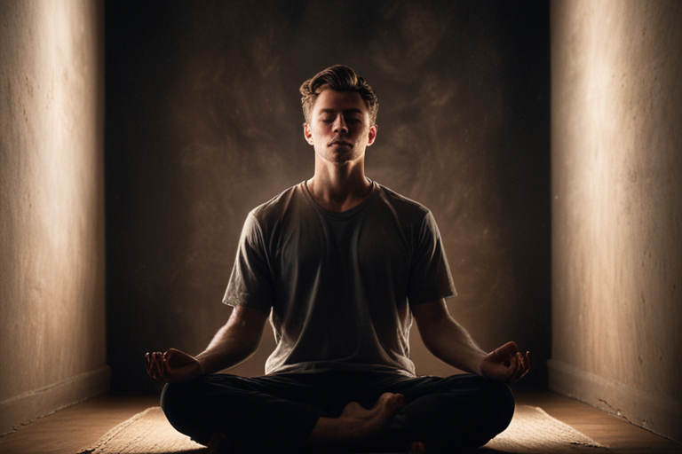Man meditating in a very dark room with spiritual energy around him