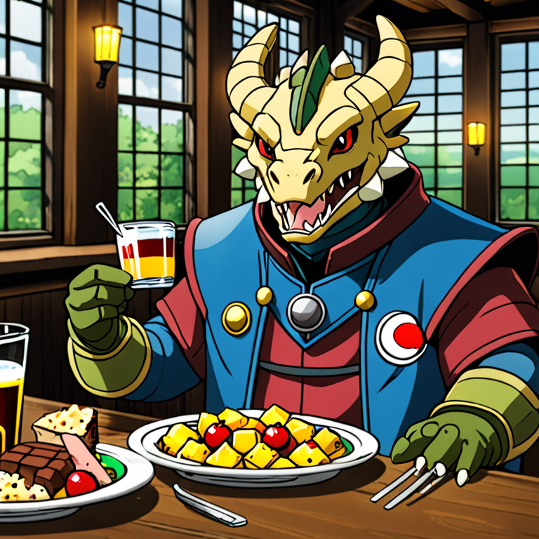 pokemon style dragonborn eating german food