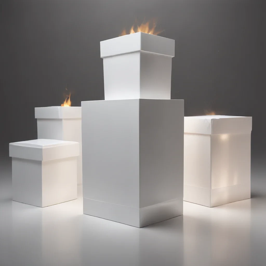 Illuminated White Boxes with Flames Erupting from Their Tops in Darkness