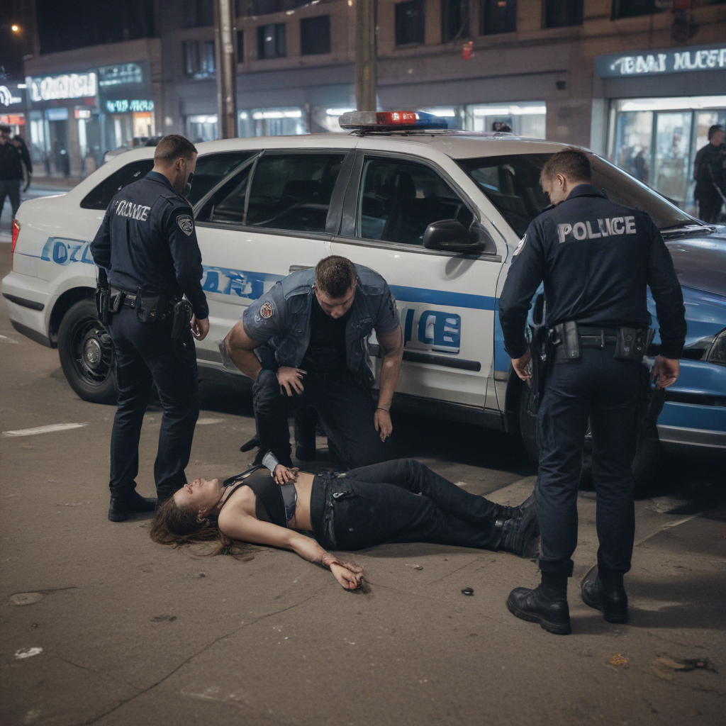 Police detain an offender who is lying on the ground, with a police car ...
