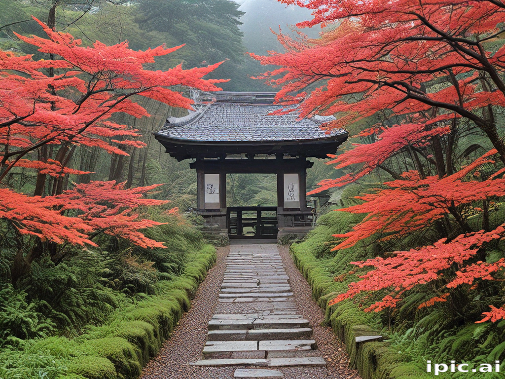 Serene Pathway Through Vibrant Red Maple Trees in Tranquil Garden