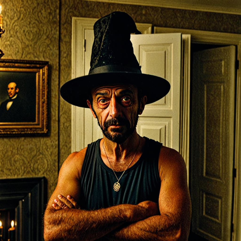 creepy hat man at night inside house