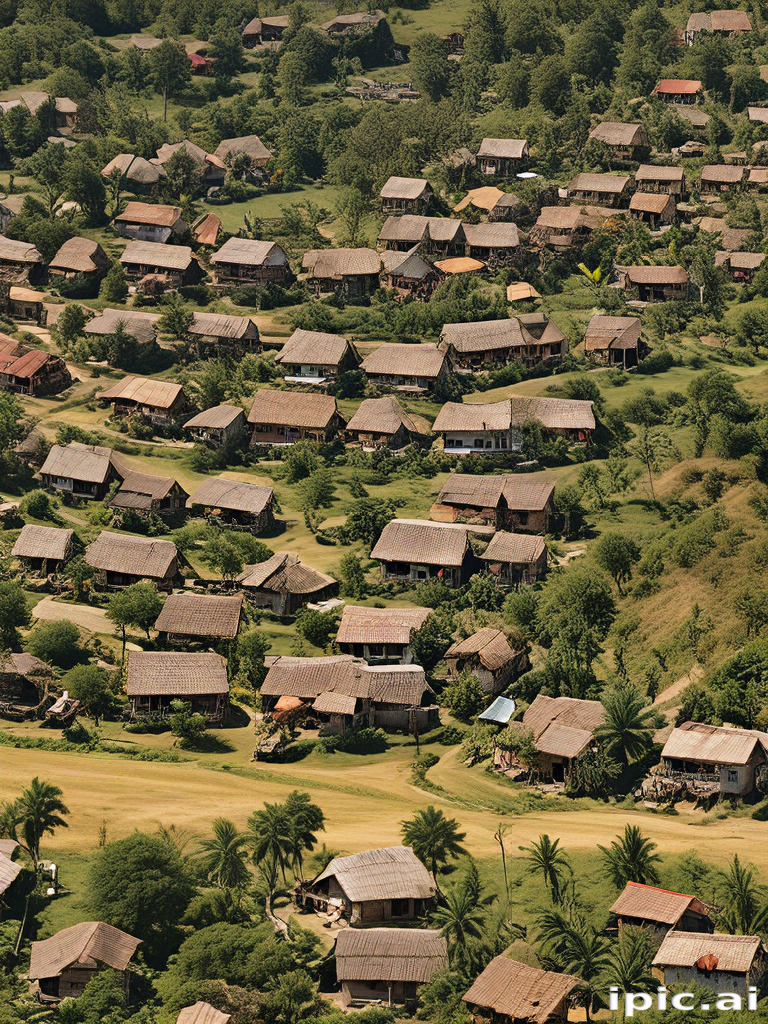 Aerial View of a Scenic Village Surrounded by Lush Greenery and Nature.