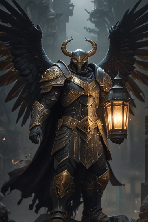 Stormcast Eternal with wings and lantern, dark fantasy art, black and ...