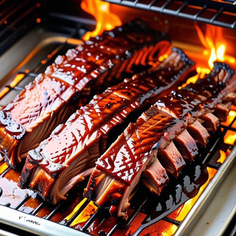 Deliciously Glazed Barbecue Ribs Cooking Over a Fiery Grill Flame