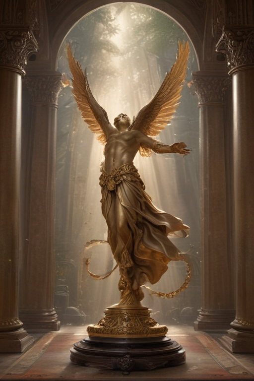 Ethereal Golden Statue of an Angelic Figure in a Majestic Setting