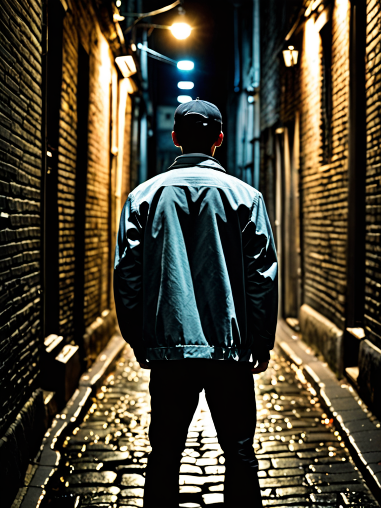person facing with the back standing in a dark alley