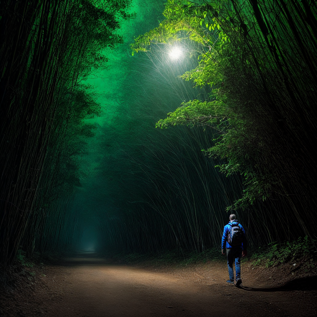 A man walking in spooky dense jungle at dark night