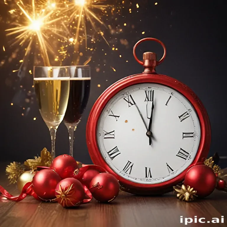 Countdown to New Year: Festive Clock with Champagne and Holiday Ornaments