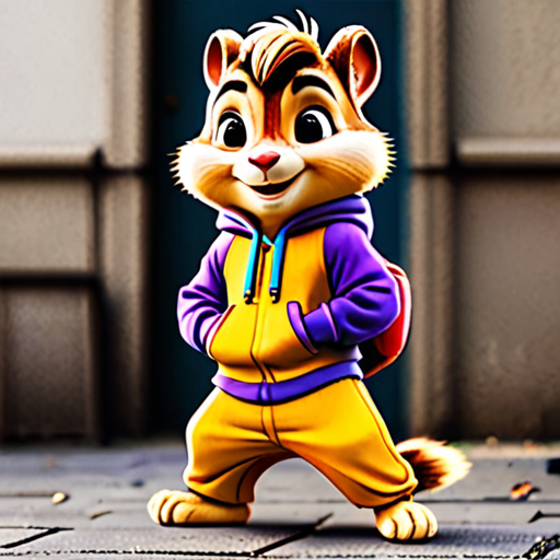 alvin seville the chipmunk in a yellow and purple hoodie and blue pants