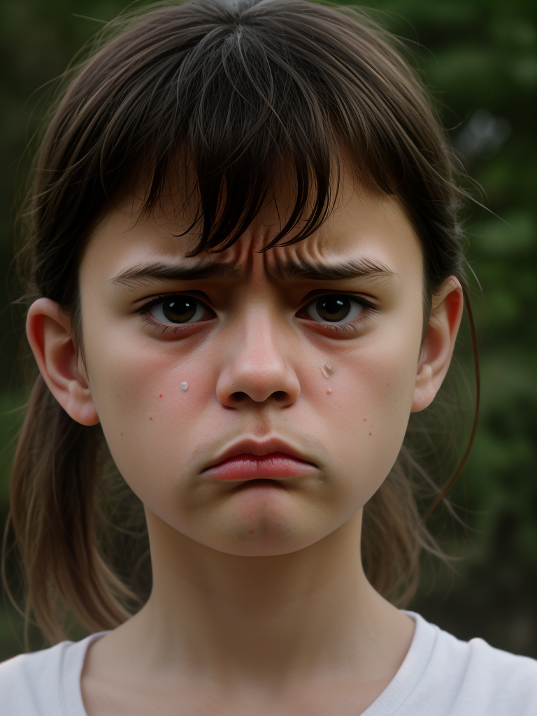 Young Girl with Furrowed Brows and Tears Reflecting Deep Emotional Distress