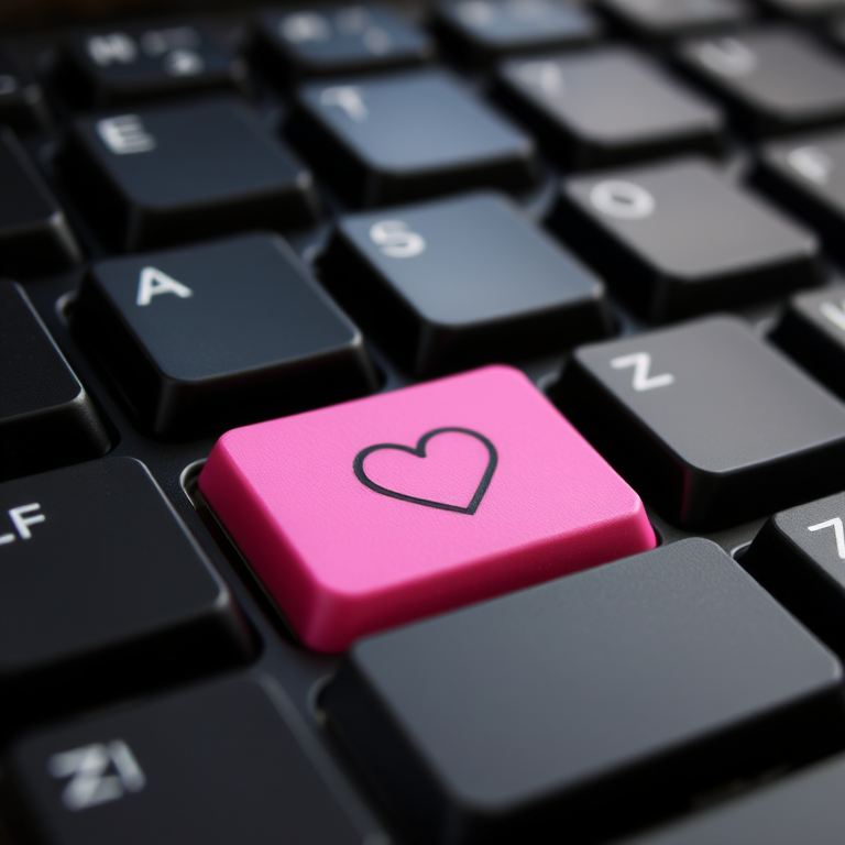 close-up of a black computer keyboard with a large pink key labeled ...