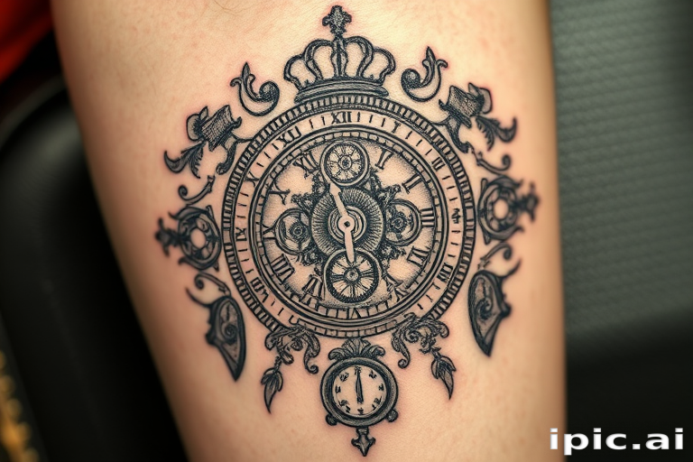 Intricate Black and Gray Clock Tattoo Design with Vintage Elements and ...
