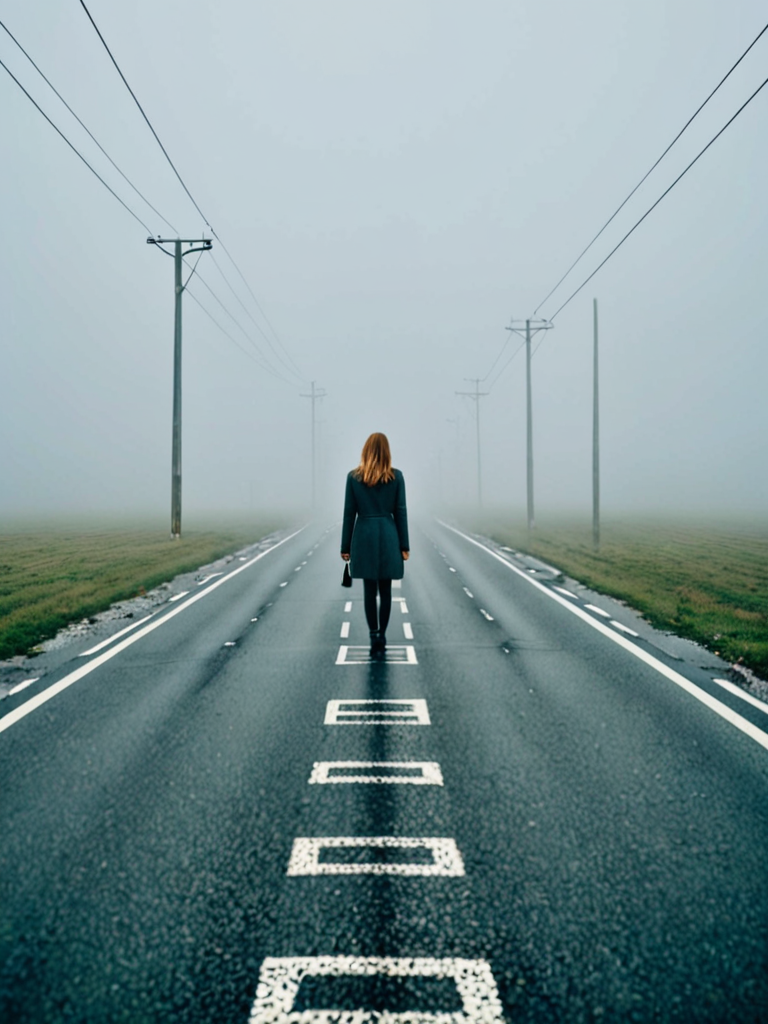 A woman is at a crossroads in a fog. She is completely lost.